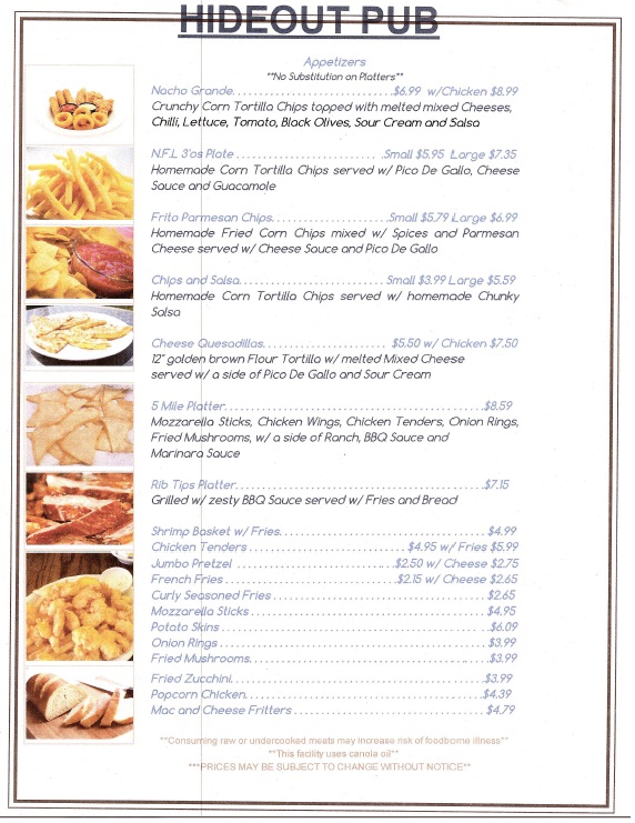 Hideout Pub and Grill - menu